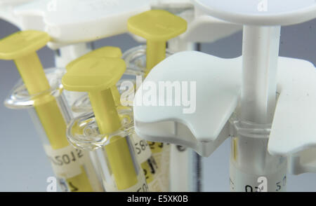 Closeup of different syringe needles with vaccine ampoules isolated on ...