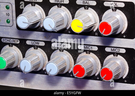 Volume control knob of a black amplifier with dial numbers. Close up ...