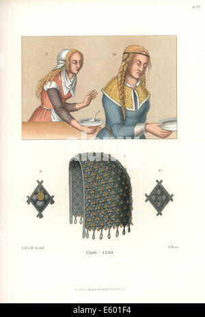 Young women's costume from a painting in the Swabian school (A,B), and ...