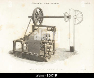 Wool manufacturing machine from the 18th century. Copperplate engraving ...
