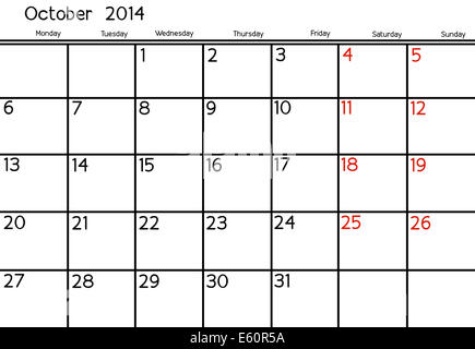 Blank Calendar of October, 2014 Stock Photo - Alamy