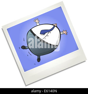 Illustration of a fat business man flying through the sky viewed from ...