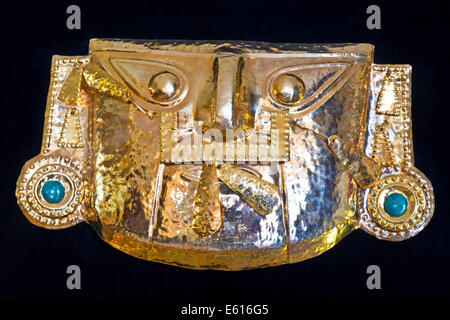 Golden pre-Columbian Inca mask, replica, sheet brass with semi-precious ...