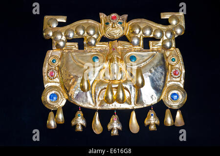 Golden pre-Columbian Inca mask, replica, sheet brass with semi-precious ...