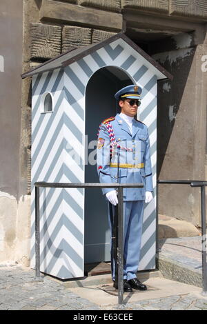 A Castle Guard stands in his sentry box outside the castle in Prague ...