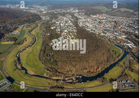 Aerial view, loop of the Ruhr river, groynes, Ruhraue nature reserve ...