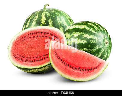 Ripe round watermelon and watermelons slices isolated on white ...