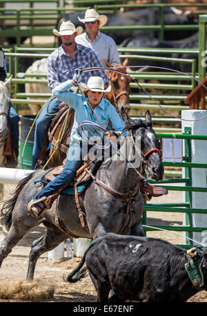 Cowgirl on horseback competes in the tie-down roping event, Chaffee ...