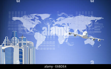 World map, skyscrapers and flying airplane Stock Photo - Alamy
