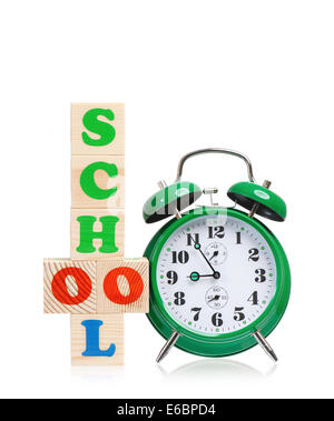 Closeup of a white square alarm clock on the nightstand in the bedroom ...