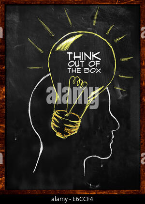 Think out of box sketch bulb Blackboard Drawing Stock Photo - Alamy