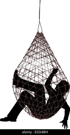 Man caught in a net trap and hung up. Vector illustration depicts ...
