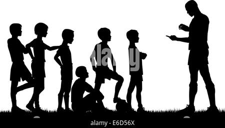 Editable vector silhouette of a man coaching football to children Stock ...
