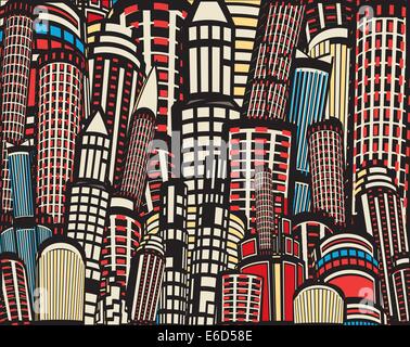 colorful buildings of the modern city background. Comic book cartoon ...