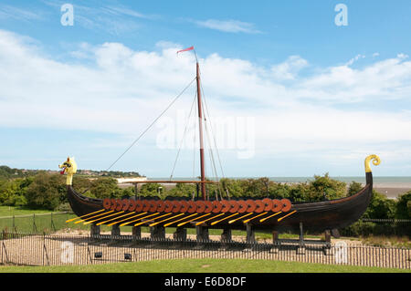 The Hugin, a reconstructed Viking ship, at Pegwell Bay, Ramsgate. Low ...