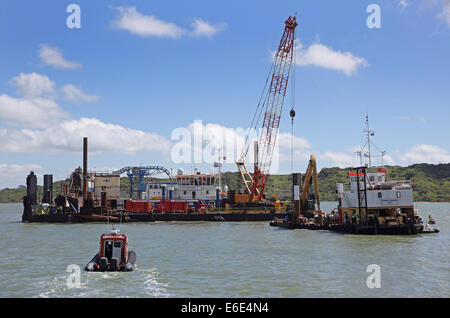 Offshore marine cable laying operation in the Solent, UK. A barge lays ...