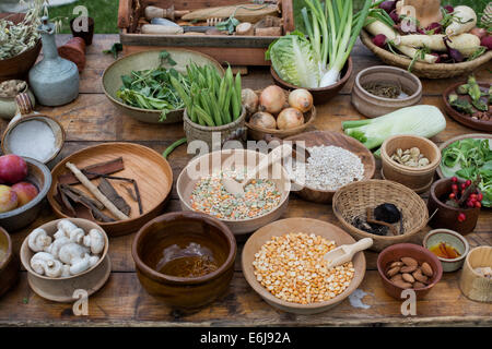 Table of medieval food including nuts seeds berries vegetables and ...