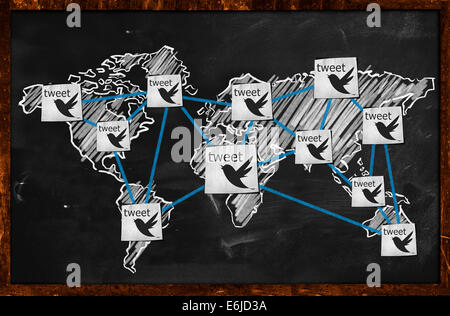 World twitter Connection on Blackboard Map Chalk Stock Photo - Alamy