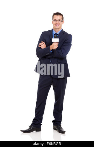 Attractive professional male news reporter wearing grey suit holding ...