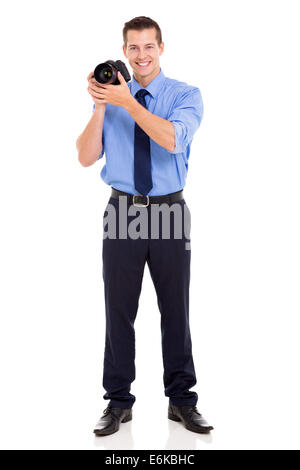 Full body photo of young cheerful girl agent use laptop promotion sit ...