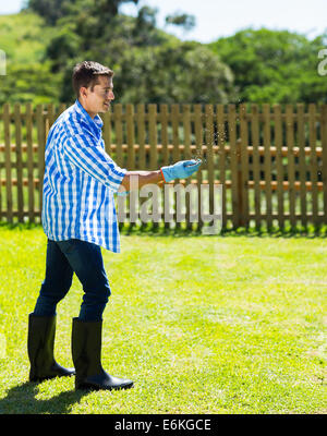 Fertilizing a young lawn with grass fertilizer in granules using a ...