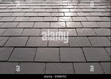 Wet rain covered new slate tiles laid in regular rows on roof with ...