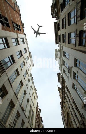 plane over the city of Brussels tilt - shift Stock Photo - Alamy