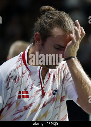 Copenhagen. 28th Aug, 2014. Jan O Jorgensen of Denmark receives medical ...