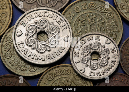 Coins of Denmark. Danish national coat of arms depicted in Danish krone ...
