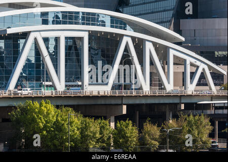 Iconic typographic architecture of the State Farm Arena appears spotlit ...