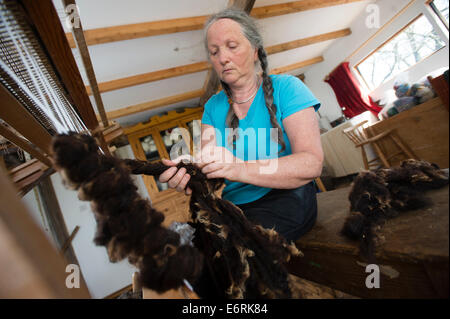 BERYL SMITH, weaver and basket maker, working weaving wool on a loom in ...