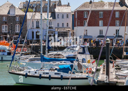 Padstow harbour and shops in summer, Padstow, Cornwall, England, UK ...
