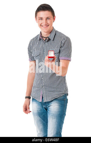 handsome man with present box. entrepreneur carry birthday gift. guy ...