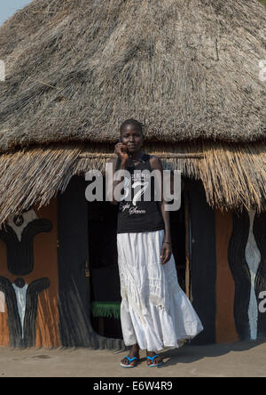 Nuer Tribe Woman Calling On A Mobile Phone, Gambela, Ethiopia Stock ...