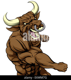 A mean looking bull mascot character breaking out through a wall Stock ...