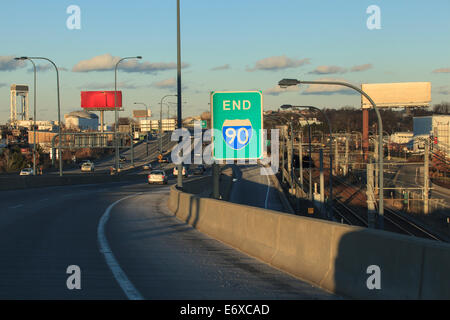 Highway sign for Mass Pike I 90 to New York in the Back Bay section of ...