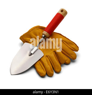 Leather protective gloves agriculture trowel fork and hand spade on ...