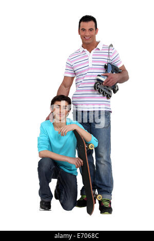 Father, son and skateboard outdoor for sports and fun together, bonding ...