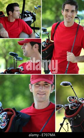 Golf cart and red bag with golf clubs staying on the green golf course ...