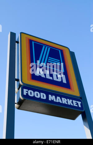 Aldi grocery store sign. Aldi is is a global discount supermarket chain ...