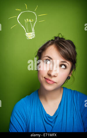 Thinking girl having idea. Closeup portrait intelligent beautiful cute ...