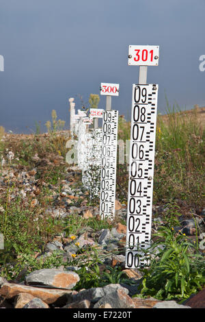 Depth measuring pole in Lake Ruataniwha, South Island of New Zealand ...