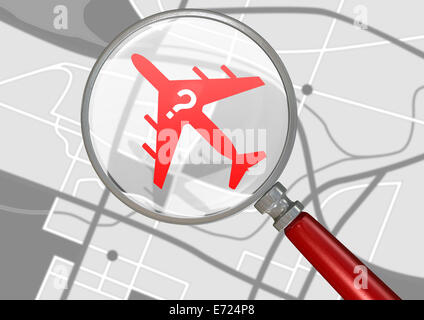 A silhouette of a plane with a question mark flying above a gps type ...