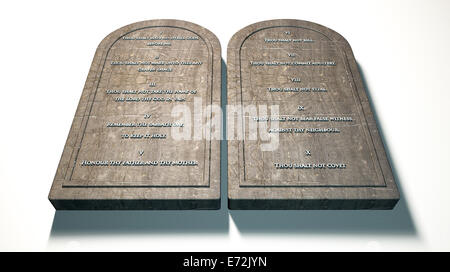 Two stone tablets with the ten commandments inscribed on them standing ...