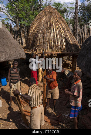 Konso Tribe Men Building A Mora, The Common House, Konso Village, Omo ...