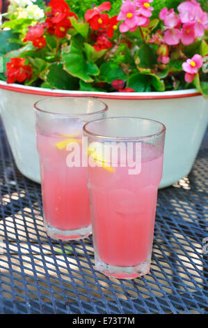 Two glasses of cold lemonade with lemon slices, mint and ice cubes on a ...