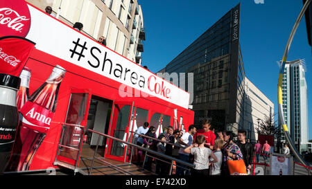 Coca-Cola promotion advert on double-decker bus Cardiff City Centre ...