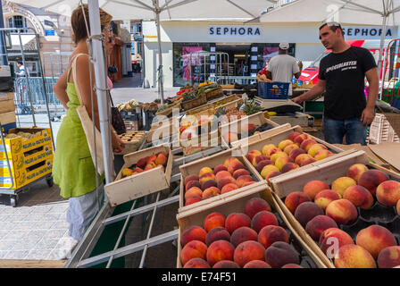 Perpignan, France, Clerk at Outdoor French Food Markets, Fresh Fruit ...