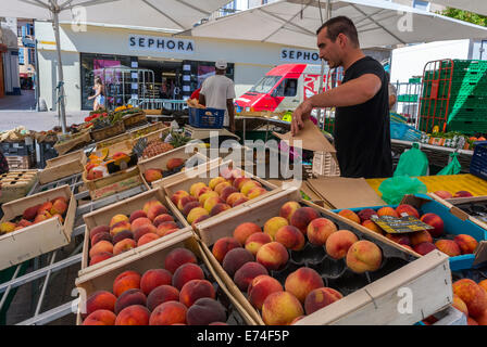 Perpignan, France, Clerk at Outdoor French Food Markets, Fresh Fruit ...