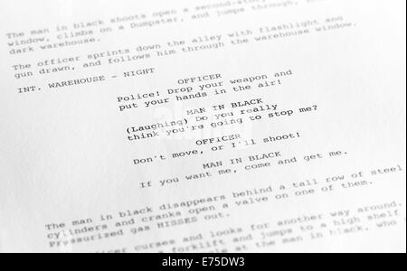 Close-up of a page from a screenplay or script in proper Hollywood ...